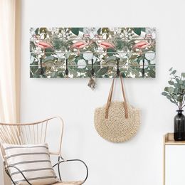 Bilderwelten Wandgarderobe Rosa Flamingos mit Bl&auml;ttern und wei&szlig;en Blumen