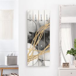 Bilderwelten Wandgarderobe einzigartig originell Abstrakt Aquarell - Schwarze Tusche mit goldenen Linien II - Deko Garderobenpaneel Flur