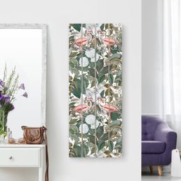 Bilderwelten Wandgarderobe einzigartig Tiere Tropisch Flurgarderobe - Rosa Flamingos mit Bl&auml;ttern und wei&szlig;en Blumen - V&ouml;gel Garderobenpaneel Flur