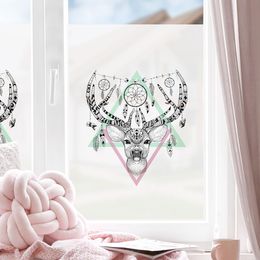 Bilderwelten Fensterfolie Tiere Illustration Aquarell schwarz weiss - Boho Rentier mit Traumf&auml;nger - Traumf&auml;nger Wohnzimmer Schlafzimmer K&uuml;che
