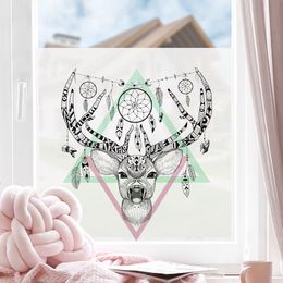 Bilderwelten Fensterfolie Tiere Illustration Aquarell schwarz weiss - Boho Rentier mit Traumf&auml;nger - Traumf&auml;nger Wohnzimmer Schlafzimmer K&uuml;che