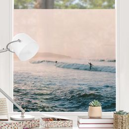 Bilderwelten Fensterfolie Strand Motiv Sichtschutz rosa - Surfsession im Abendrot - Landschaft Wohnzimmer Schlafzimmer K&uuml;che