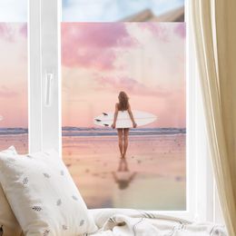 Bilderwelten Fensterfolie Strand Motiv Sichtschutz rosa - Surfergirl mit Board im Abendrot - Landschaft Wohnzimmer Schlafzimmer K&uuml;che