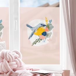 Bilderwelten Fensterfolie Blumen Illustration Aquarell rosa - Lisa Dolson - Vogel im Fr&uuml;hling - V&ouml;gel Wohnzimmer Schlafzimmer K&uuml;che