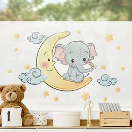 Bilderwelten Fensterfolie Fensterhaftfolie modern Aquarell bunt - Elefant Mond und Sterne - Deko Wohnzimmer Schlafzimmer K&uuml;che