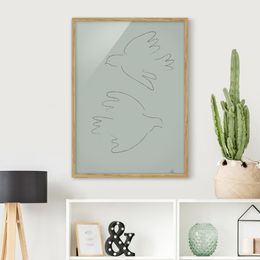 Bilderwelten Bild mit Rahmen Tiere gr&uuml;n Line Art inkl. Rahmung - Line Art Tauben - V&ouml;gel Wohnzimmer Schlafzimmer
