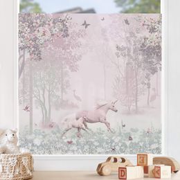 Bilderwelten Fensterfolie Tiere Illustration Sichtschutz rosa - Einhorn auf Blumenwiese in Rosa - Einhorn Wohnzimmer Schlafzimmer K&uuml;che