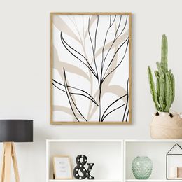Bilderwelten Bild mit Rahmen originell beige Tropisch inkl. Rahmung - Pflanzenlinien Schwarz und Beige - Pflanzen Wohnzimmer Schlafzimmer