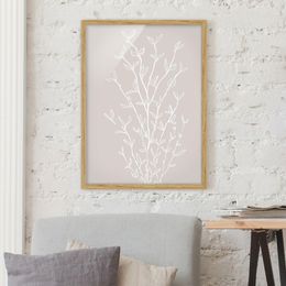 Bilderwelten Bild mit Rahmen originell beige Line Art inkl. Rahmung - Line Art Zweig auf Beige - Pflanzen Wohnzimmer Schlafzimmer