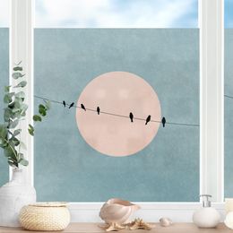 Bilderwelten Fensterfolie Natur modern Aquarell petrol - V&ouml;gel vor rosa Sonne I - Sonnenuntergang Wohnzimmer Schlafzimmer K&uuml;che