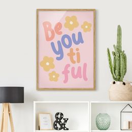 Bilderwelten Bild mit Rahmen Blumen rosa Pop Art inkl. Rahmung - Self Love - Be You tiful - Motivation Jugendzimmer