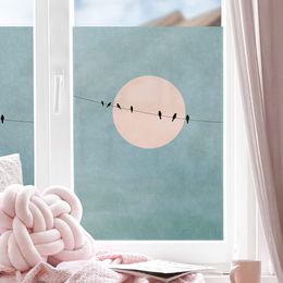 Bilderwelten Fensterfolie Natur modern Aquarell petrol - V&ouml;gel vor rosa Sonne I - Sonnenuntergang Wohnzimmer Schlafzimmer K&uuml;che