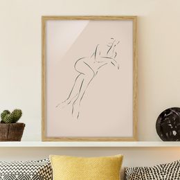 Bilderwelten Bild mit Rahmen Portrait beige Line Art inkl. Rahmung - Zeichnung Liegender Akt - Erotik Wohnzimmer Schlafzimmer