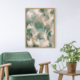 Bilderwelten Bild mit Rahmen Blumen gr&uuml;n Abstrakt inkl. Rahmung - Wildnis in Gr&uuml;n und Beige - Pflanzen Wohnzimmer Schlafzimmer