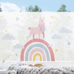 Bilderwelten Fensterfolie Tiere Illustration Sichtschutz bunt - Lama auf Regenbogen mit Sternen und P&uuml;nktchen - Regenbogen Wohnzimmer Schlafzimmer K&uuml;che
