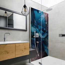 Bilderwelten Duschr&uuml;ckwand originell Abstrakt petrol Aquarell - Unterwasser in Petrol und Rot mit Gold - Deko Wandpaneel Bad