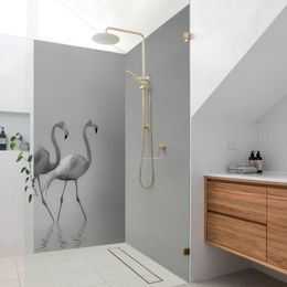 Bilderwelten Duschr&uuml;ckwand Tiere Motiv schwarz weiss fugenlose Wandverkleidung - Flamingo Love Schwarz-Wei&szlig; - V&ouml;gel Wandpaneel Bad
