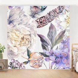 Schiebegardine Zartes Aquarell Boho Bl&uuml;ten und Federn Muster