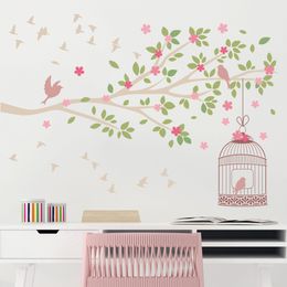 Bilderwelten Wandtattoo Tiere modern selbstklebend Wandaufkleber - Fr&uuml;hlingszweig mit Vogelk&auml;fig - V&ouml;gel Wohnzimmer Schlafzimmer