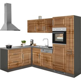 KOCHSTATION Winkelk&uuml;che &raquo;KS-Stockholm&laquo; Stellbreite 260/170 cm, mit hochwertigen MDF Fronten im Landhaus-Stil K&uuml;che: natur + Korpus: grafit +...