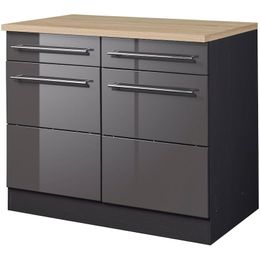 KOCHSTATION Unterschrank &raquo;KS-Wien&laquo; Breite 100 cm, 2 T&uuml;ren, 2 Schubk&auml;sten, f&uuml;r viel Stauraum grau Hochglanz grafitgrau