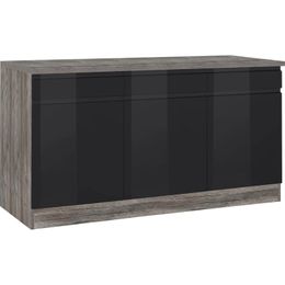 KOCHSTATION Unterschrank &raquo;KS-Virginia&laquo; 85 cm hoch, 150 cm breit, 3 Schubladen, 3 T&uuml;ren, griffloses Design schwarz Hochglanz eiche vintage