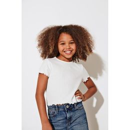 Kids Only M&auml;dchen KIDS Only T-Shirt &raquo;KONNELLA S/S O-NECK TOP&laquo; in verk&uuml;rzter L&auml;nge und mit tollen Wellen-S&auml;umen wei&szlig; 110/116