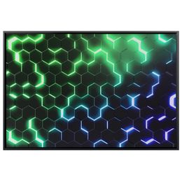 Leinwandbild Strukturierte Hexagone mit Neonlicht in Gr&uuml;n und Blau