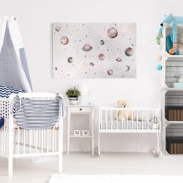 Bilderwelten Leinwandbild Himmel Illustration Aquarell pastell - Aquarell Planeten, Mond und Sterne - Himmel XXL Kinderzimmer Baby M&auml;dchen Jungen