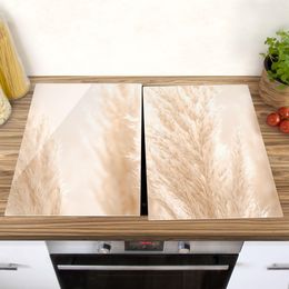 Bilderwelten Herdabdeckplatte Glas 2-teilig Blumen Landhaus Ceranfeldschutz beige - Pampasgras im Sonnenlicht - Gr&auml;ser K&uuml;che