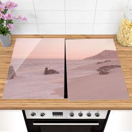 Bilderwelten Herdabdeckplatte Glas 2-teilig Strand Motiv Ceranfeldschutz rosa - Ros&eacute;goldener Strand - Meerblick K&uuml;che