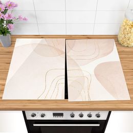 Bilderwelten Herdabdeckplatte Glas 2-teilig Illustration Aquarell beige - Verspielte Impressionen mit goldenen Linien - Deko K&uuml;che