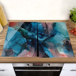 Bilderwelten Herdabdeckplatte Glas 2-teilig originell Abstrakt Aquarell petrol - Unterwasser in Petrol und Rot mit Gold - Deko K&uuml;che