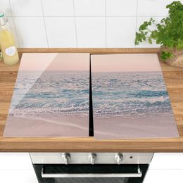 Bilderwelten Herdabdeckplatte Glas 2-teilig Strand Motiv Ceranfeldschutz rosa - Ros&eacute;goldener Strand am Morgen - Meerblick K&uuml;che