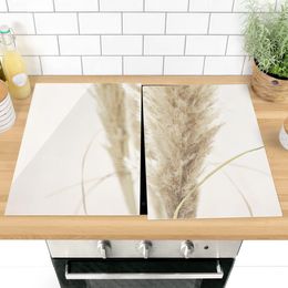 Bilderwelten Herdabdeckplatte Glas 2-teilig Blumen Landhaus Ceranfeldschutz beige - Flauschiges Pampasgras - Gr&auml;ser K&uuml;che