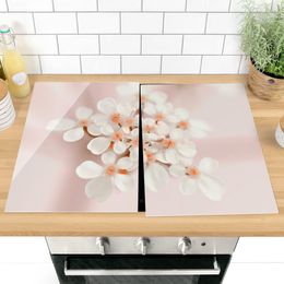 Bilderwelten Herdabdeckplatte Glas 2-teilig Blumen Motiv Ceranfeldschutz beige - Minibl&uuml;ten im Rosanen Licht - Kirschbl&uuml;te K&uuml;che