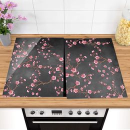 Bilderwelten Herdabdeckplatte Glas 2-teilig Blumen Illustration Ceranfeldschutz schwarz - Kirschblüten auf Schwarz - Kirschblüte Küche
