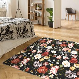 Bilderwelten Teppich Blumen Aquarell Vintage Muster auf Schwarz
