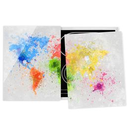 Bilderwelten Herdabdeckplatte Glas 2-teilig Weltkarte modern Aquarell bunt - Bunte Farbspritzer Weltkarte - Deko K&uuml;che