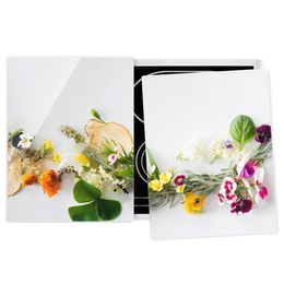 Bilderwelten Herdabdeckplatte Glas 2-teilig Blumen Motiv Ceranfeldschutz bunt - Frische Kr&auml;uter mit Essbl&uuml;ten - Gew&uuml;rze & Kr&auml;uter K&uuml;che