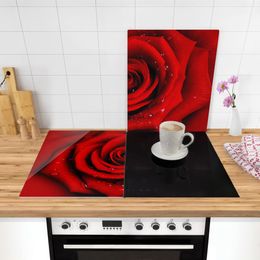 Bilderwelten Herdabdeckplatte Glas 2-teilig Blumen Motiv Ceranfeldschutz rot - Rote Rose mit Wassertropfen - Deko K&uuml;che