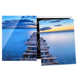 Bilderwelten Herdabdeckplatte Glas 2-teilig Natur Motiv 3D-Effekt blau - Steg ins ruhige Meer - Landschaft K&uuml;che
