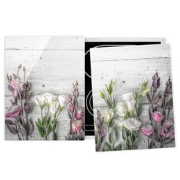 Bilderwelten 2-teilige Herdabdeckplatte Glas Tulpen-Rose Shabby Holzoptik