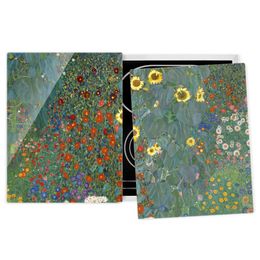 Bilderwelten Herdabdeckplatte Glas 2-teilig Blumen modern Ceranfeldschutz gr&uuml;n - Gustav Klimt - Garten Sonnenblumen - Deko K&uuml;che
