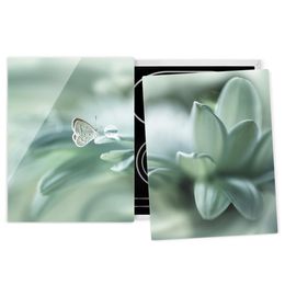 Bilderwelten Herdabdeckplatte Glas 2-teilig Blumen Tropisch Ceranfeldschutz pastell - Schmetterling und Tautropfen in Pastellgr&uuml;n - Gr&auml;ser K&uuml;che
