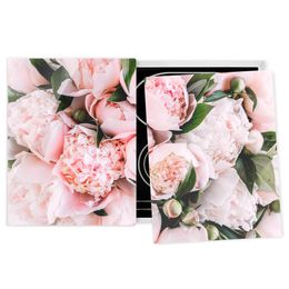 Bilderwelten 2-teilige Herdabdeckplatte Glas Rosa Pfingstrosen mit Bl&auml;ttern