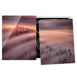 Bilderwelten Herdabdeckplatte Glas 2-teilig Wald Motiv Ceranfeldschutz beige - Nebelflut - B&auml;ume K&uuml;che