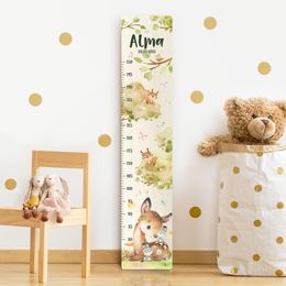 Bilderwelten Kindermesslatte Holz Tiere gr&uuml;n - Aquarell Reh mit Wunschname - Messlatte Kinderzimmer Baby M&auml;dchen Jungen