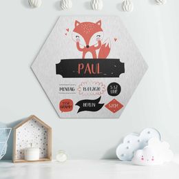 Bilderwelten Alu-Dibond Bild Hexagon Tiere weiss Illustration - Der freche Fuchs Wunschtext - Herz Kinderzimmer Baby M&auml;dchen Jungen