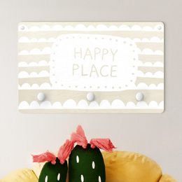 Bilderwelten Kindergarderobe weiss Spr&uuml;che Illustration Flurgarderobe - Spruch Happy Place im Wolkenband Wei&szlig; - Spr&uuml;che Kinderzimmer Flur